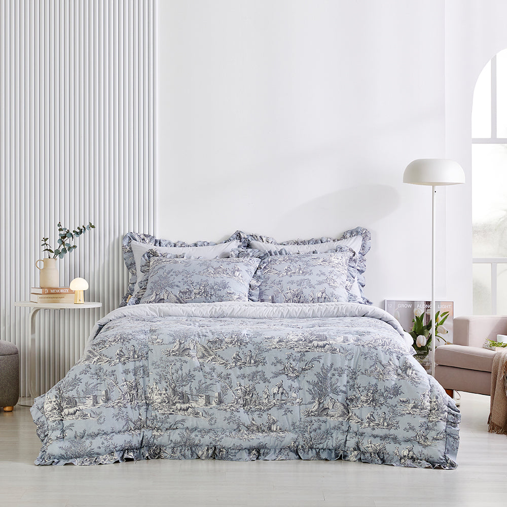 [Ruffle] Toile de jouy Cotton Comforter Set(Winter)- Antique Blue